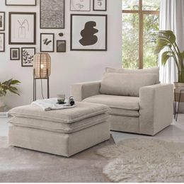 Pharao24.de Sessel und Hocker Cord Beige in modernem Design 125 cm breit (zweiteilig)