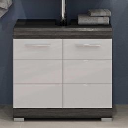 Pharao24.de Waschbeckenschrank in Holzoptik Rauchgrau und Wei&szlig; Hochglanz 56 cm hoch