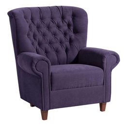 Pharao24.de Kaminsessel Chesterfield in Violett Velours Nussbaumfarben