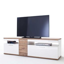 Pharao24.de TV Lowboard in Weiß Hochglanz und Eiche Dekor 180 cm breit