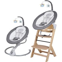 Hochstuhl BABYGO "Family Homey Set, natur/hellgrau", Baby, grau (natur, hellgrau), Stühle Hochstuhl, mit elektrischer Babywippe inkl. Spielbogen