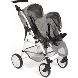 Bayer Chic 2000 Puppen-Zwillingsbuggy CHIC2000 "Twinny, Jeans Grey", grau (jeans grau), Puppenwagen, KinderB:63cm H:77cm T:63cm, Kunststoff, Metall, Stoff, mit schwenkbaren Vorderrädern, B:63cm H:77cm T:63cm