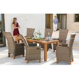 Garten-Essgruppe Merxx "Toskana Deluxe", beige (natur,), Obermaterial: 100% Polyester. Füllung: 100% Polyurethan, Sitzmöbel-Sets, Aluminium, Polyrattan, Akazienholz FSC 100 %, geeignet für 6 Personen