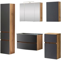 Badezimmer-Set Welltime "Kaunas", grau (matt grau, wotaneiche), B:160cm H:200cm T:49cm, Kastenm&ouml;bel-Sets, bestehend aus Waschtisch-Set mit Seitenschrank, Breite 160 cm