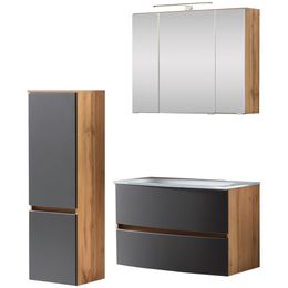Badezimmer-Set Welltime "Kaunas", grau (matt grau, wotaneiche), B:120cm H:200cm T:49cm, Kastenmöbel-Sets, bestehend aus Waschtisch-Set mit Midischrank, Breite 120 cm