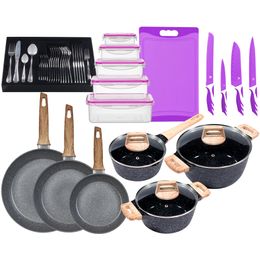 Topf-Set King "»ESSENTIAL« Aluminium, Induktion, Antihaftbeschichtung", lila (beere), 7,5 l, Töpfe, 3 Pfannen, 4 Küchenmesser, 1 Schneidebrett, 5 Vorratsdosen mit Deckel