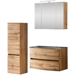 Badezimmer-Set Welltime "Kaunas", grau (wotaneiche, grau), B:120cm H:200cm T:49cm, Kastenm&ouml;bel-Sets, bestehend aus Waschtisch-Set mit Midischrank, Breite 120 cm