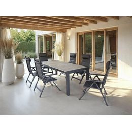 Garten-Essgruppe Konifera "»Melbourne«", grau (anthrazit, schwarz, anthrazit), Einlegeplatte, 7tlg. Set Melbourne, Aluminium, Polyester, Polywood, Sitzmöbel-Sets, mit ausziehbarem Tisch 163 - 213cm und verstellbaren Stühlen