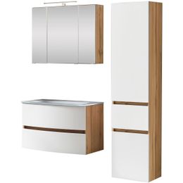 Badezimmer-Set Welltime "Kaunas", weiß (matt weiß, wotaneiche), B:120cm H:200cm T:49cm, Kastenmöbel-Sets, bestehend aus Waschtisch-Set mit Seitenschrank, Breite 120 cm