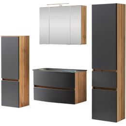Badezimmer-Set Welltime "Kaunas", grau (matt grau, wotaneiche), B:120cm H:200cm T:49cm, Kastenm&ouml;bel-Sets, Waschtisch-Set (Breite 80 cm) mit Midischrank und Seitenschrank