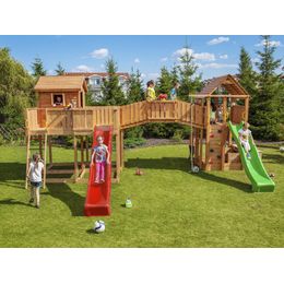 Spielturm Fungoo "MAXI SET JOYFUL CASTEL", rot (rot, grün), Spieltürme, KinderB:700cm H:305cm T:575cm, Holz, Metall, Polyethylen, mit Schaukel & Rutsche, Klettererweiterung, Spielhaus, Sandkasten, B:700cm H:305cm T:575cm