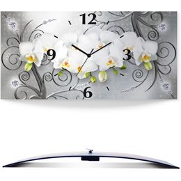 Wanduhr Artland "weiße Orchideen auf Ornamenten", grau, B:60cm H:30cm T:0,3cm, Wanduhren, Wanduhr, 3D Optik gebogen, mit Quarz- oder Funkuhrwerk, versch. Größen