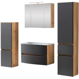 Badezimmer-Set Welltime "Kaunas", grau (matt grau, wotaneiche), B:120cm H:200cm T:49cm, Kastenm&ouml;bel-Sets, Waschtisch-Set mit Midischrank und Seitenschrank, Breite 160 cm
