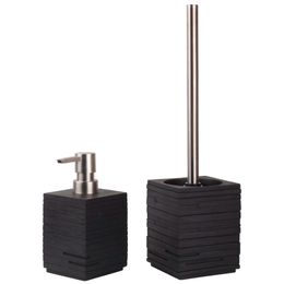 Badaccessoire-Set Sanilo "Calero Black", schwarz, geriffelt, Polyresin (Kunststein), Badaccessoires-Sets, bestehend aus Seifenspender und WC-Bürste, geriffelt