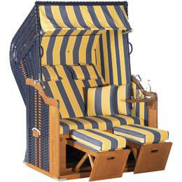 Strandkorb SUNNYSMART "Rustikal 250 Plus, TOPSELLER", blau (korpus: natur, blau bezug: gelb, blau), B:125cm H:160cm T:90cm, Strandkörbe, 2-Sitzer, komplett montiert, Oberkorb in einem Stück geflochten