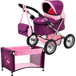 Puppenwagen BAYER "Trendy", lila (schmetterling lila), Puppenwagen, KinderB:41cm H:68cm T:67cm, Kunststoff, Metall, Polyester, inklusive Puppen-Reisebett und Umhängetasche, B:41cm H:68cm T:67cm