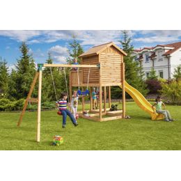 Spielturm Fungoo "My SIDE Move+", braun (gelb), Spieltürme, KinderB:510cm H:305cm T:405cm, Holz, Metall, Polyethylen, mit Schaukel & Rutsche, FSC - schützt Wald, B:510cm H:305cm T:405cm