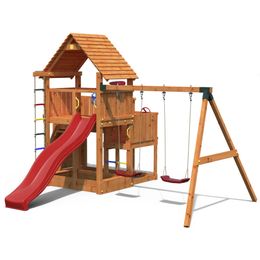 Spielturm Fungoo "BIG LEADER MOVE RED", braun (rot), Spieltürme, KinderB:444cm H:318cm T:492cm, Holz, Metall, Polyethylen, mit Schaukel & Rutsche, Kletterwand, FSC - schützt Wald, B:444cm H:318cm T:492cm
