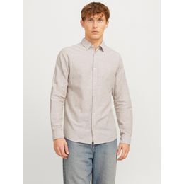 Jack & Jones Langarmhemd JACK & JONES "JJEBREEZE SHIRT LS SN", Herren, Gr. L, N-Gr, beige (crockery), Web, Obermaterial: 70% Baumwolle, 30% Leinen, unifarben, slim fit taillenbedeckt, ohne Ausschnitt, Manschette, Hemden, mit Hemdkragen