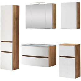 Badezimmer-Set Welltime "Kaunas", weiß (matt weiß, wotaneiche), B:160cm H:200cm T:49cm, Kastenmöbel-Sets, bestehend aus Waschtisch-Set mit Seitenschrank, Breite 160 cm