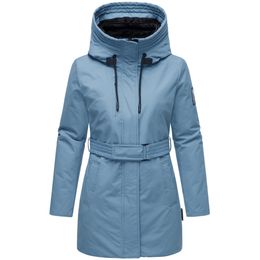 Winterjacke Navahoo "Eishauch 14", Damen, Gr. XXXL(46), blau (rauchblau), Obermaterial: 55% Nylon, 45% Baumwolle. Innenfutter: 100% Polyester. Wattierung: 100% Polyester. &Auml;rmelfutter: 100% Polyester, figurumspielend Po-bedeckend, hoch geschlossener Ausschnitt, eng Rippstrickb&uuml;ndchen, Jacken Winterjacke, Damen Winterparka mit Tailleng&uuml;rtel und Fleece-Kragen