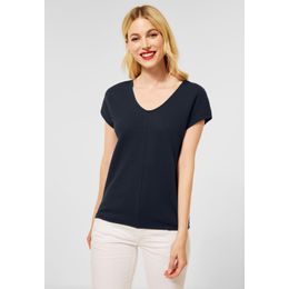 T-Shirt Street One, Damen, Gr. 38, blau (grand blau), Jersey, 67% Polyester, 30% Viskose, 3% Elasthan, unifarben, normal h&uuml;ftlang, V-Ausschnitt, gerader Abschluss, Shirts T-Shirt, mit Struktur-Optik