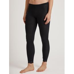 Leggings Calida "Silky Wool Joy", Damen, Gr. XS (36/38), N-Gr, schwarz (ws schwarz), Feinripp, Obermaterial: 70% Schurwolle, 30% Seide, unifarben, figurbetont lang, Hosen Leggings, mit Spitzensaum, elastisch, wärmend, Feinripp-Qualität