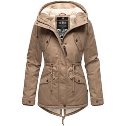 Winterjacke Marikoo "Manolya", Damen, Gr. L (40), grau (taupe), Oberstoff: 100% Baumwolle, Futter: 100% Polyester, Wattierung: 100% Polyester, Ärmelfutter: 100% Polyester, figurbetont Po-bedeckend, hoch geschlossener Ausschnitt, Ärmel ohne Ärmelschlitz Rippstrickbündchen mit Druckknopf, Jacken, stylischer Kurzmantel mit weichem Teddyfell-Futter, Topseller
