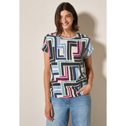 T-Shirt Cecil, Damen, Gr. M (40), wei&szlig; (light alabaster wei&szlig;), Stoff, 95% Viskose, 5% Elasthan, bedruckt, gerade normal, Rundhals, B&uuml;ndchen, Shirts T-Shirt, mit Knopfleiste