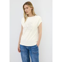 T-Shirt Cecil, Damen, Gr. L (42), weiß (vanilleweiß), Web, 48% Baumwolle, 48% Modal, 4% Elasthan, bedruckt, normal normal, Rundhals, abgesteppt, Shirts, aus Baumwolle mit Stretchante