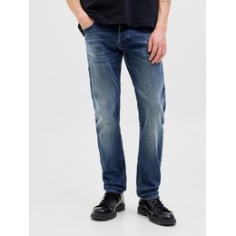 Jack & Jones Slim-fit-Jeans JACK & JONES "JJIGLENN JJORIGINAL CB 820 NOOS", Herren, Gr. 28, L&auml;nge 32, blau (blau denim), Denim/Jeans, Obermaterial: 98% Baumwolle, 2% Elasthan, Abriebeffekte, slim fit kn&ouml;chellang, Jeans Slim-fit-Jeans