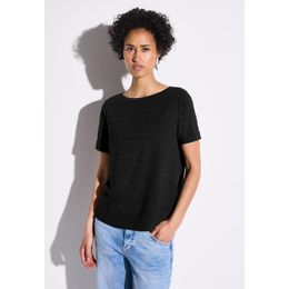 T-Shirt Street One, Damen, Gr. 34, schwarz, Stoff, 65% Polyester, 35% Viskose, Strukturmuster, normal normal, U-Boot-Ausschnitt, B&uuml;ndchen, Shirts T-Shirt, im angenehmen Materialmix