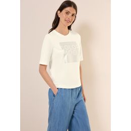 T-Shirt Cecil, Damen, Gr. XL (44), wei&szlig; (vanillewei&szlig;), Stoff, 63% Modal, 35% Baumwolle, 2% Elasthan, bedruckt, comfort fit normal, Rundhals, B&uuml;ndchen, Shirts T-Shirt, mit Rundhalsausschnitt