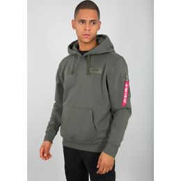 Kapuzensweatshirt Alpha Industries "BACK PRINT HOODY", Herren, Gr. M, grün (schwarz olive), angeraute Sweatware, Obermaterial: 80% Baumwolle, 20% Polyester, bedruckt, normal normal, Rundhals, Sweatshirts