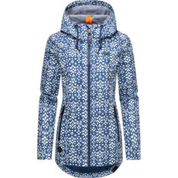 Outdoorjacke Ragwear "Zuzka Ikat", Damen, Gr. L (40), blau (indigo), Au&szlig;enmaterial: 100% Polyester; Innenfutter: 100% Polyester, tailliert Po-bedeckend, hoch geschlossener Ausschnitt, mit Kn&ouml;pfen,&Auml;rmel mit &Auml;rmelschlitz normaler Saum krempelbar,mit Druckknopf,mit Schlitz, Jacken Outdoorjacke, Wasserdichte &Uuml;bergangsjacke mit gro&szlig;er Kapuze