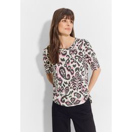 T-Shirt Cecil, Damen, Gr. XXL (46), wei&szlig; (vanillewei&szlig;), Stoff, 65% Polyester, 35% Viskose, gemustert, gerade h&uuml;ftlang, Rundhals, B&uuml;ndchen, Shirts T-Shirt, mit leichten Raffungen an den Seiten