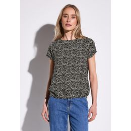 T-Shirt Street One, Damen, Gr. 36, schwarz, Stoff, 95% Viskose, 5% Elasthan, gemustert, comfort fit normal, U-Boot-Ausschnitt, B&uuml;ndchen, Shirts T-Shirt, mit Elastiksaum