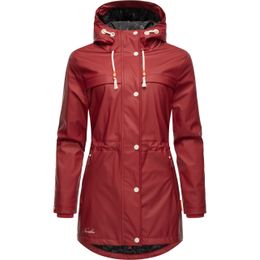 Regenmantel Navahoo "Rainy Forest", Damen, Gr. XS (34), rot (blutrot), Obermaterial: 70% Polyester, 30% Polyurethan; Innenfutter: 100% Polyester; Ärmelfutter: 100% Polyester; Wattierung: 100% Polyester, figurumspielend ca. Mitte Oberschenkel, hoch geschlossener Ausschnitt, Ärmel ohne Ärmelschlitz normaler Saum, Mäntel, modischer Damen Outdoor Regenparka