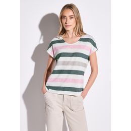 T-Shirt Street One, Damen, Gr. 34, wei&szlig; (sanftes wei&szlig;), Stoff, 80% Polyester, 20% Viskose, gestreift, gerade normal, V-Ausschnitt, B&uuml;ndchen, Shirts T-Shirt, mit abgerundetem V-Ausschnitt