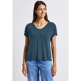 T-Shirt Street One, Damen, Gr. 34, blau (tide blau), Stoff, 75% Modal, 25% Polyester, unifarben, normal normal, V-Ausschnitt, abgesteppt, Shirts T-Shirt, Feel Good Fit