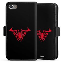 DeinDesign iPhone SE (2020) Handy Klapph&uuml;lle Handyh&uuml;lle aus Kunst Leder schwarz Flip Case Spiderman Marvel Logo Sideflip mit Lasche