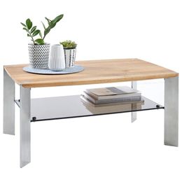 Linea Natura Couchtisch, Braun, Eiche, Edelstahl, Holz, Metall, Glas, Eiche, massiv, rechteckig, eckig, 60x40x90 cm, Wohnzimmer, Wohnzimmertische, Couchtische, Couchtische Glas