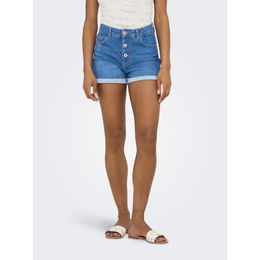 Shorts Only "ONLHUSH HW BUTTON FOLD UP SHORTS DNM PIM", Damen, Gr. XS (34), N-Gr, blau (medium blau denim), Obermaterial: 98% Baumwolle, 2% Elasthan, unifarben, regular fit kniefrei, Hosen
