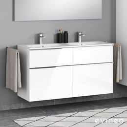 Geberit Renova Plan Slim Doppelwaschtisch, evineo ineo4 Unterschrank B: 130 cm, 4 Ausz&uuml;ge, mit Griff,, 122230000+BE0235WH,