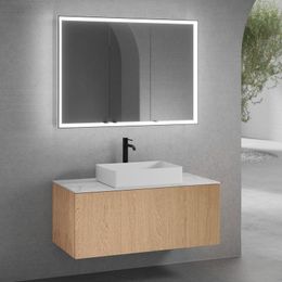neoro n50 Unterschrank B: 120 cm mit 1 Auszug, mit glatter Eichenfront, Waschtisch B: 58 cm wei&szlig; matt, mit n60 Spiegelschrank f&uuml;r die Schweiz,