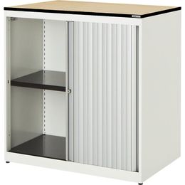 Mauser Querrollladenschrank, HxBxT 818 x 800 x 432 mm, Vollkernplatte, 1 Fachboden, reinwei&szlig; / alufarben / Ahorn