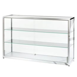 Vitrine, halbhoch, H&ouml;he 910 mm, 2 Schiebet&uuml;ren, BxT 1500 x 400 mm, Edelstahl-Optik kaiserkraft