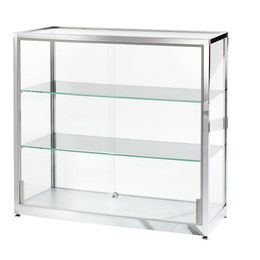 Vitrine, halbhoch, H&ouml;he 910 mm, 2 Schiebet&uuml;ren, BxT 1000 x 400 mm, Edelstahl-Optik kaiserkraft