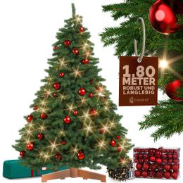 Casaria Künstlicher Weihnachtsbaum Premium 180cm + Kugeln Rot + Lichterkette warmweiß