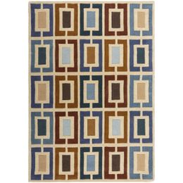 Wollteppich FLAIR RUGS, B:80cm H:10mm L:150cm, blau, Wolle, Teppiche, "Retro Blocks mit Hoch-Tief-Effekt", handgeschnitzter Wollteppich,Wohnzimmer,